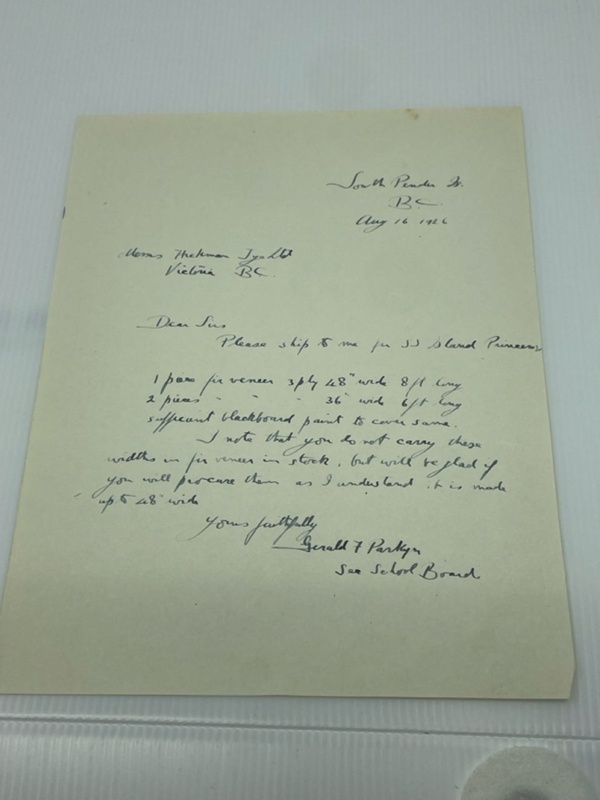 Letter Requesting Materials for a Chalkboard; August 16 1926; 025.0009 ...