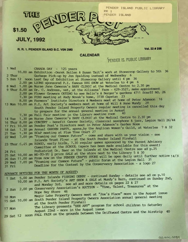 The Pender Post, July 1992; Pender Post Society; 1992; 020.0141.0084 ...