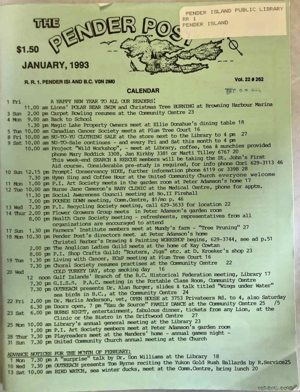 The Pender Post, January 1993; Pender Post Society; 1993; 020.0141.0090 ...