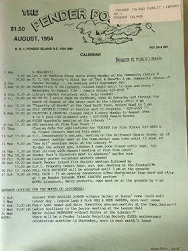 The Pender Post, August 1994; Pender Post Society; 1994; 020.0141.0110 ...