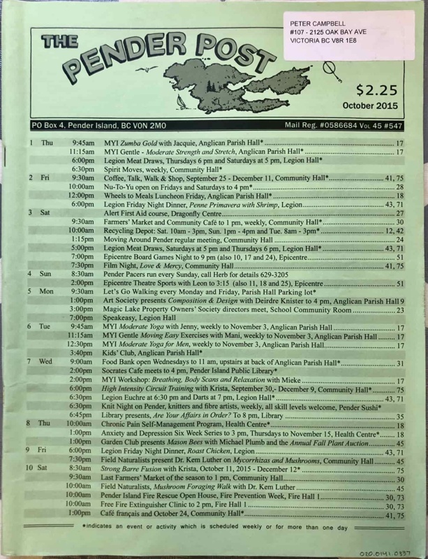 The Pender Post, October 2015; Pender Post Society; 2015; 020.0141.0337 ...
