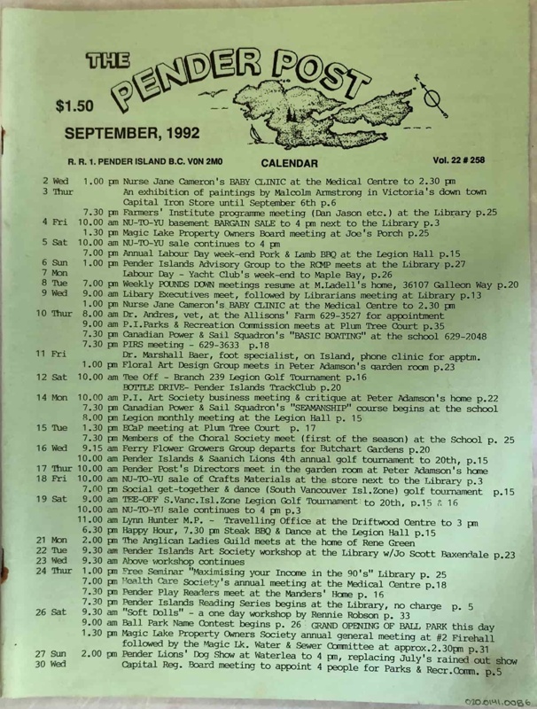 The Pender Post, September 1992; Pender Post Society; 1992; 020.0141. ...
