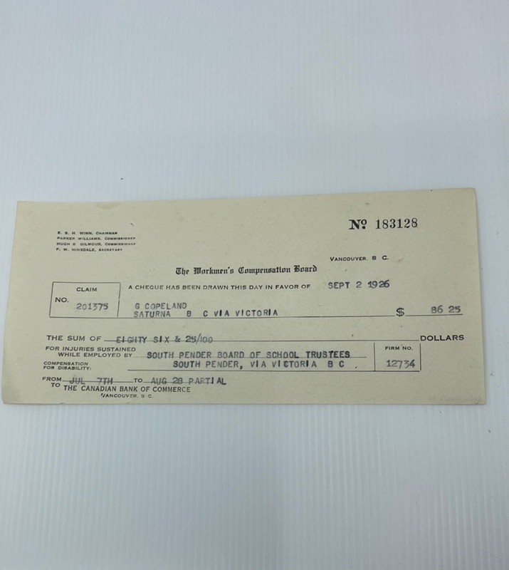 Workmen's Injury Compensation Check South Pender School to G Copeland ...