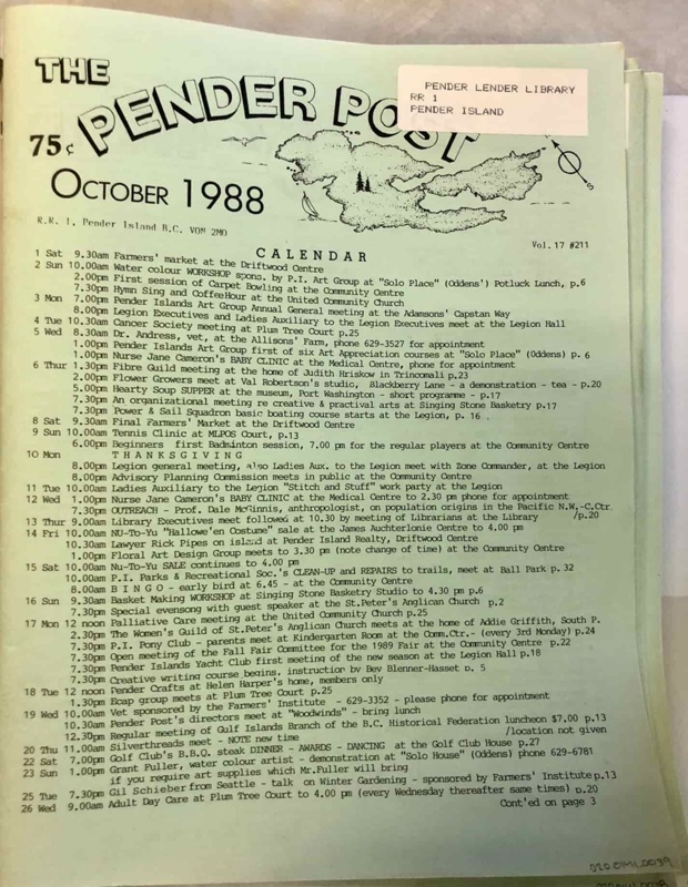 Pender Post, October 1988; Pender Post Society; 1988; 020.0141.0039 | eHive