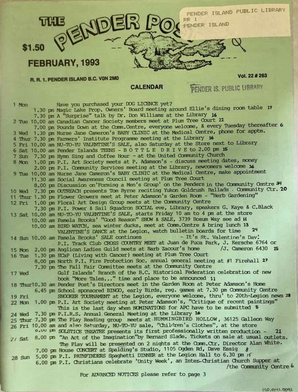 The Pender Post, February 1993; Pender Post Society; 1993; 020.0141. ...