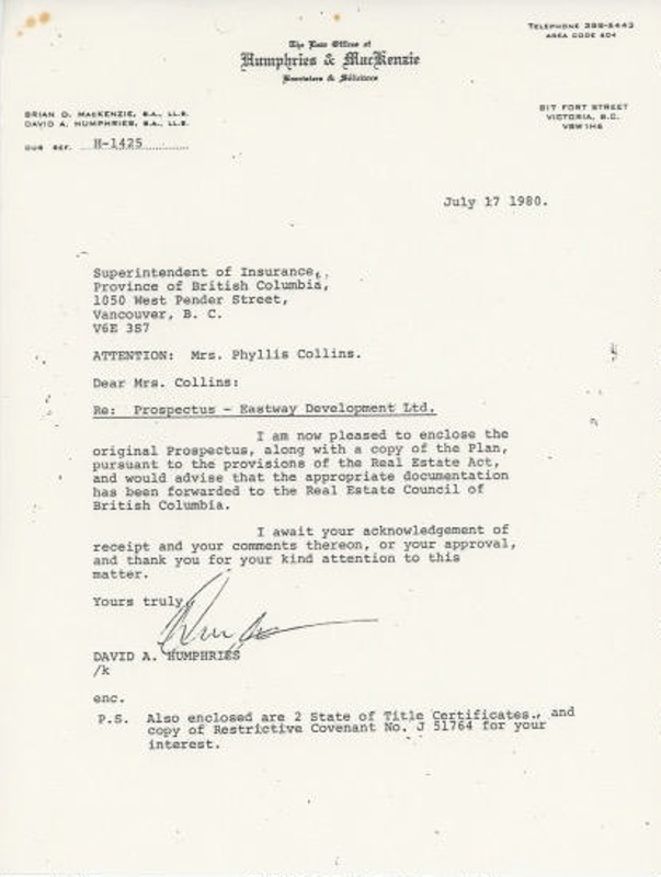 Letter to Mrs. Phyllis Collins; David A. Humphries; July 17th, 1980 ...