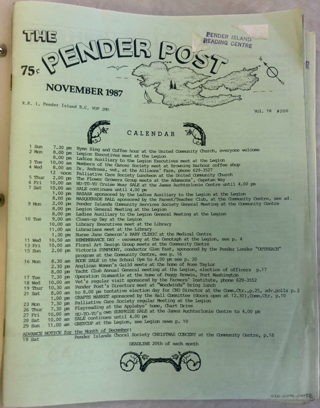 The Pender Post, November 1987; Pender Post Society; 1987; 020.0141. ...