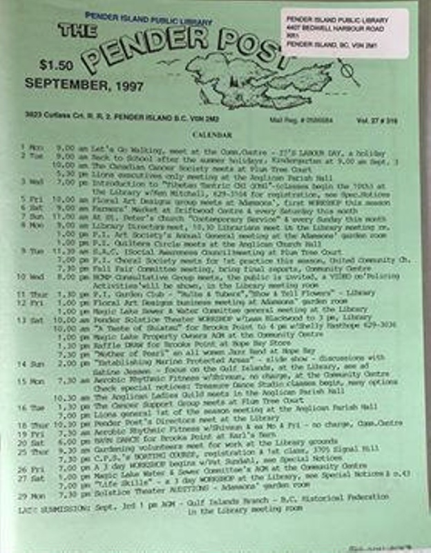 The Pender Post, September 1997 ; Pender Post Society; 1997; 020.0141. ...