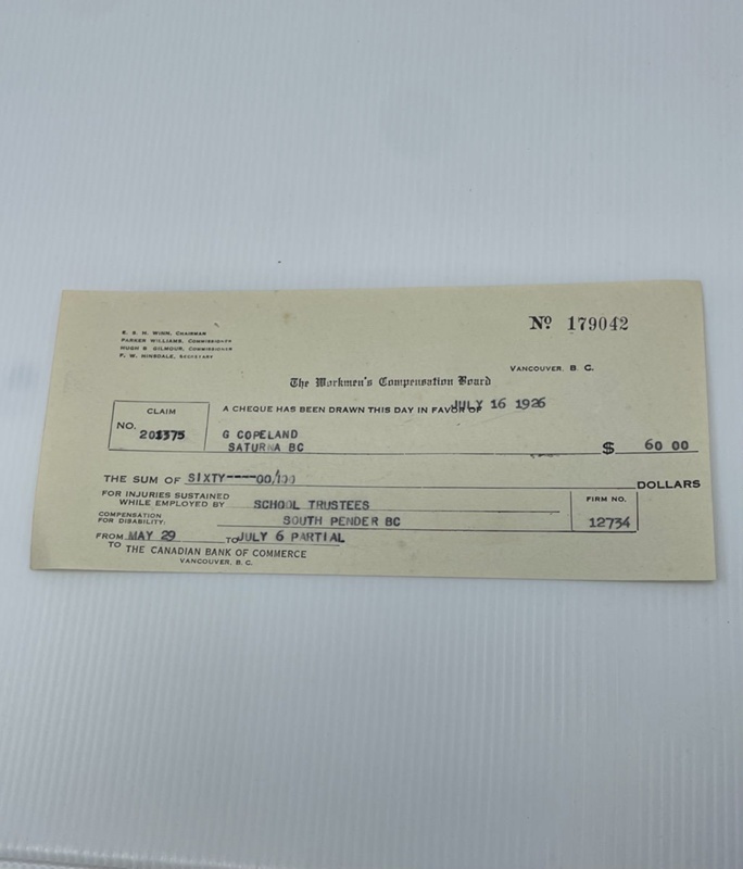 Workmen's Injury Compensation Check South Pender School to G Copeland ...