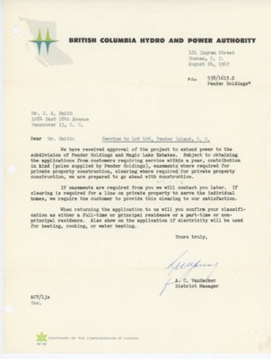 Lot 106 Hydro Service Letter; BC Hydro; August 24th, 1967; 023.0263. ...