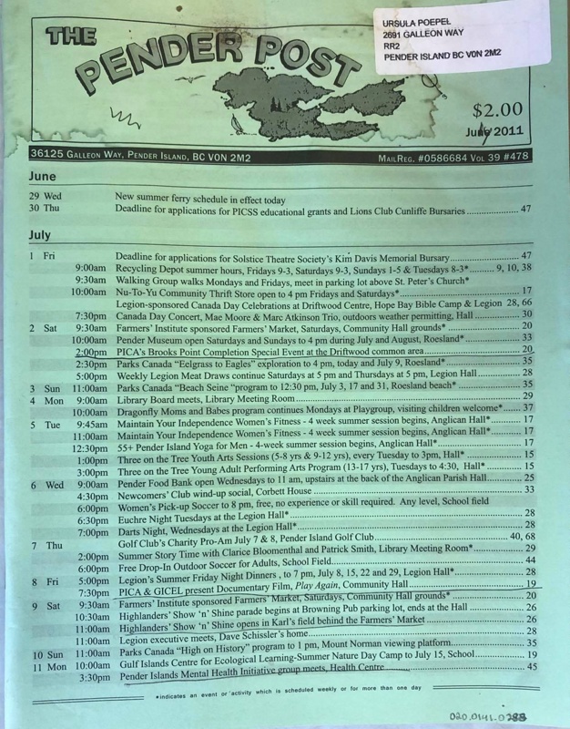 The Pender Post, August 2011; Pender Post Society; 2011; 020.0141.0289 ...
