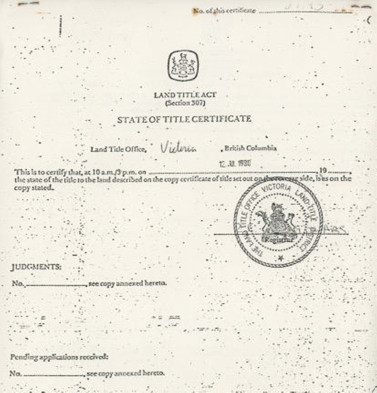 State of Title Certificate, Lots 1 - 5; Land Title Office, Victoria BC ...