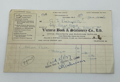 Victoria Book & Stationery Co. Invoice; June 28, 1926; 025.0009.0004.13 ...