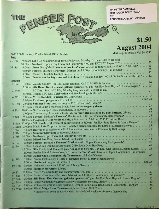 The Pender Post, August 2004; Pender Post Society; 2004; 020.0141.0210 ...