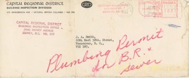 Plumbing Permit Envelope; Capital Regional District; 1983; 023.0263. ...