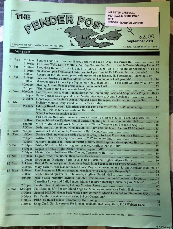 The Pender Post, September 2010; Pender Post Society; 2010; 020.0141. ...
