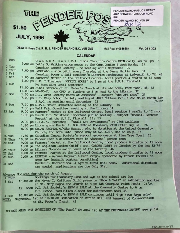 The Pender Post, July 1996; Pender Post Society; 1996; 020.0141.0133 ...