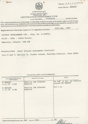 Certificate of Indefeasible Title, Lot 6 & 7; Land Title Office ...