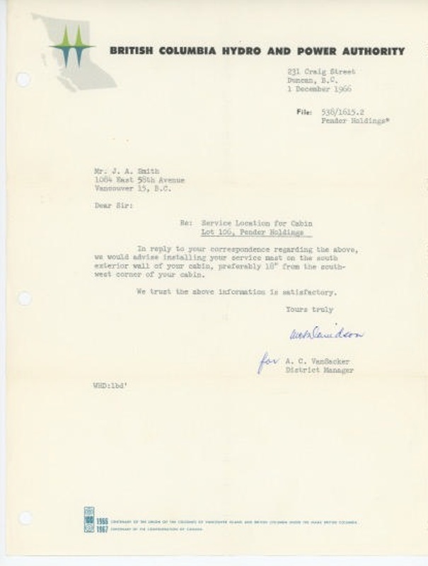 BC Hydro Letter to J.A. Smith; BC Hydro; December 1st, 1966; 023.0263. ...