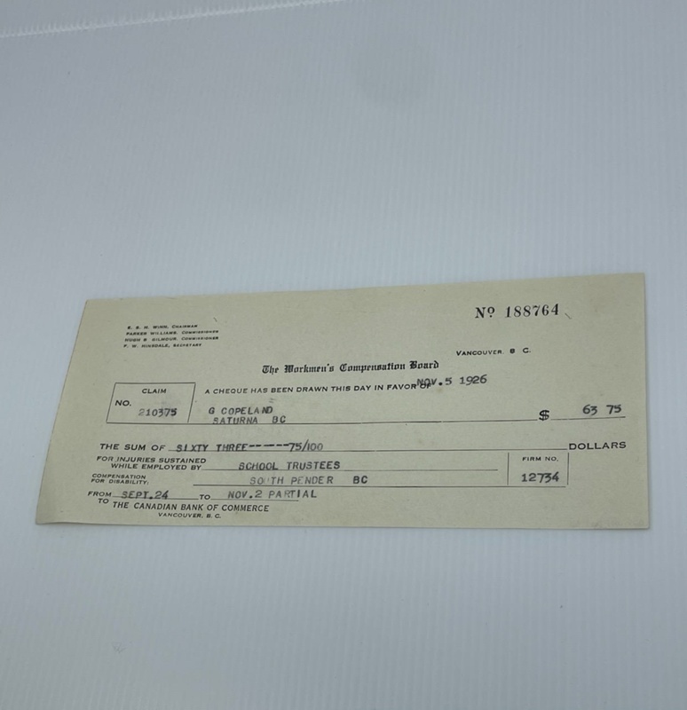 Workmen's Injury Compensation Check South Pender School to G Copeland ...