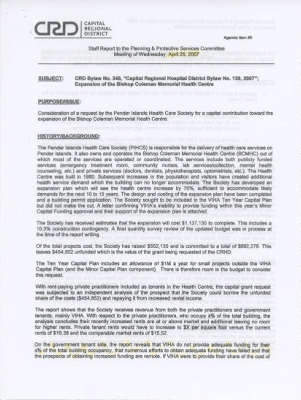 CRD By Law for Expanding the PI Health Care Centre; Capital Regional ...