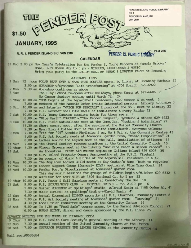 The Pender Post, January 1995; Pender Post Society; 1995; 020.0141.0115 ...