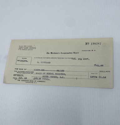 Workmen's Injury Compensation Check South Pender School to G Copeland ...