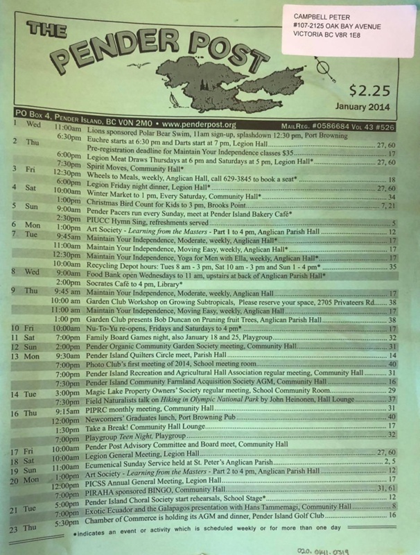 The Pender Post, January 2014; Pender Post Society; 2014; 020.0141.0318 ...