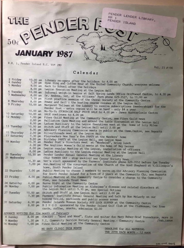 The Pender Post, January 1987; Pender Post Society; 1987; 020.0141.0018 ...