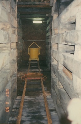 Kibble on rail track, 'Harry's cross cut' Beaconsfield gold mine ...