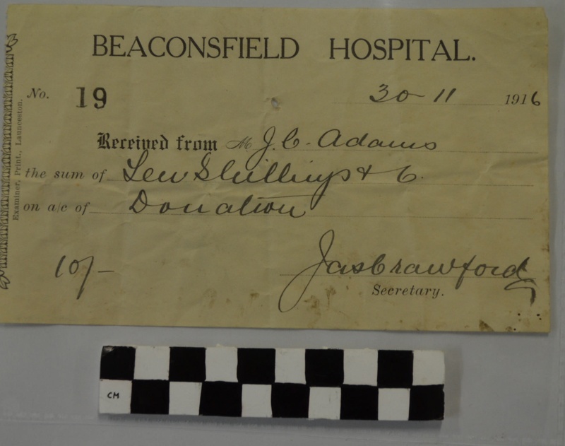 Beaconsfield Hospital receipt issued to John C Adams; 1916; BMHC_10202 ...
