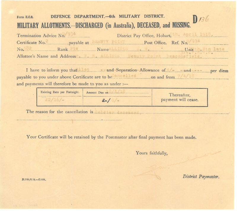 Military Allotment for Norman Allison; Department of Defence (Australia ...