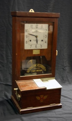 Bundy clock, National Time Recorder Co. Ltd, wood/brass/glass; Chown ...