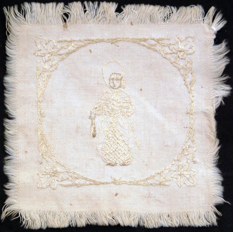 Textile sampler, cream embroidered linen/cotton; [1890-1910]; 97.145 ...