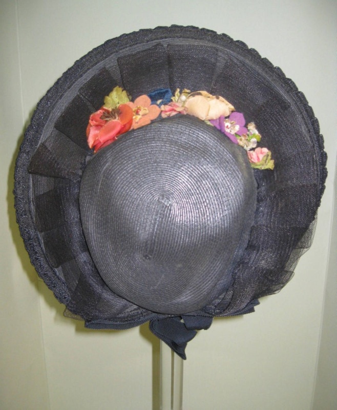 Bonnet, navy Panama straw/silk satin and wool felt flowers; 97.46 | eHive