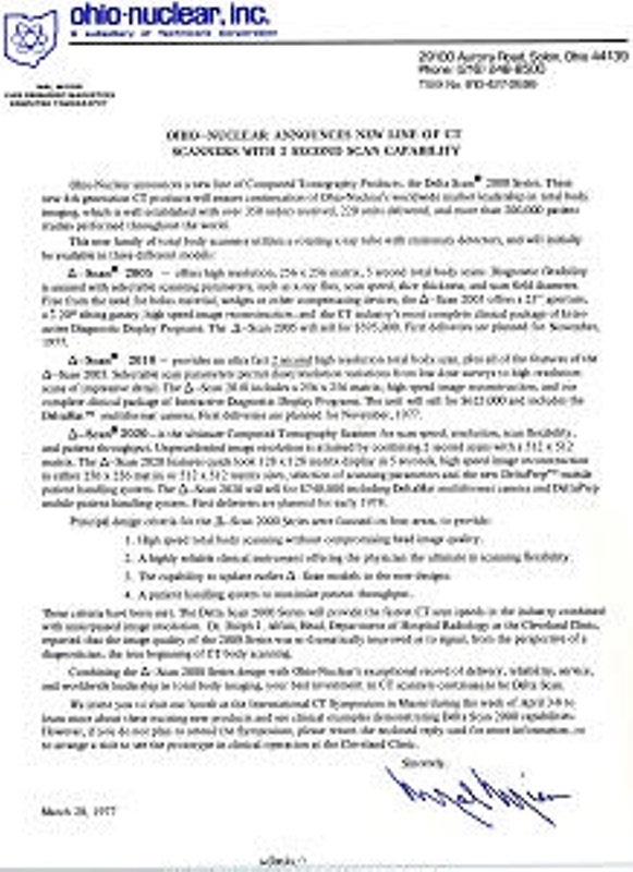 Ohio-Nuclear, Inc. Announcement Computed Tomography Products Delta Scan ...