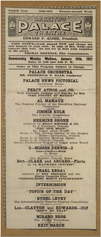 Palace Theatre Program; B. F. Keith's Palace Theatre; 1921-01-24 ...