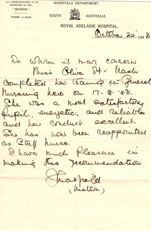 Document: Reference Letter from Matron Jessie Maxfield to Nurse Olive ...