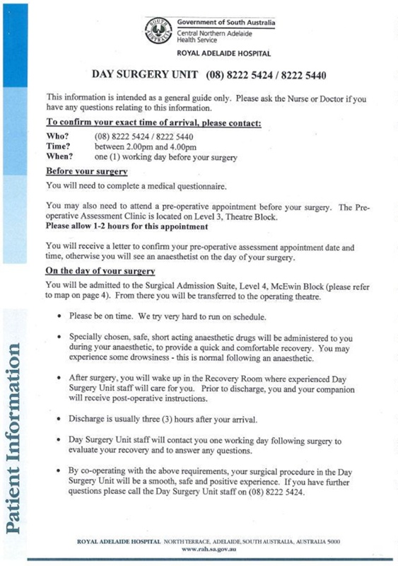 Brochure: Patient Information - Day Surgery Unit; 2005; AR#3076 | eHive
