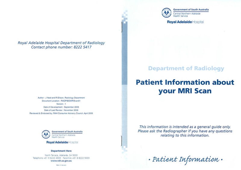 Booklet: Patient Information About Your MRI Scan; 2006; AR#3168 | eHive