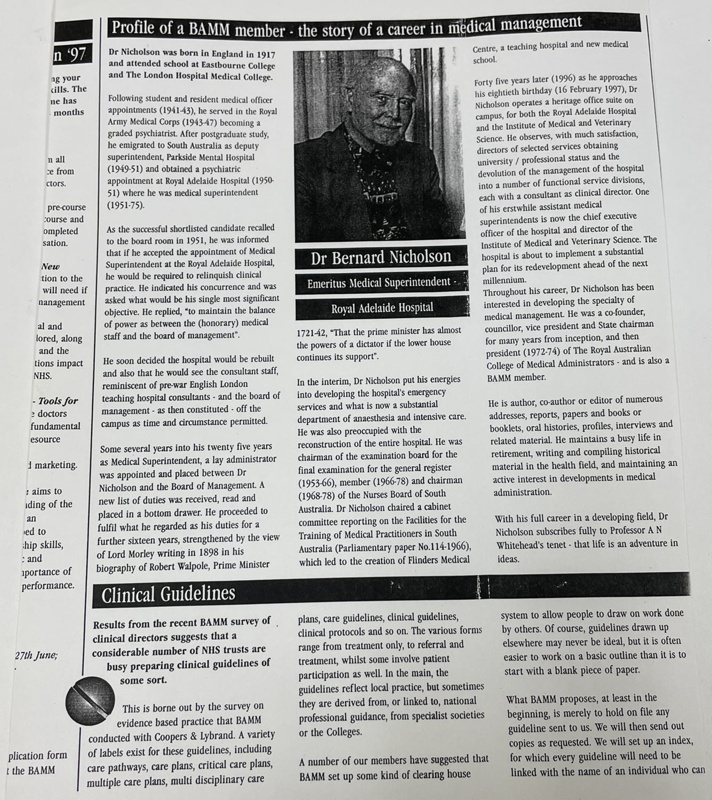 Document: Article - Profile of a BAMM Member: Dr Bernard Nicholson; AR ...