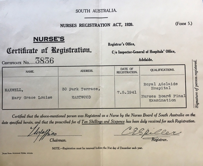 Document: Nursing Certificate of Registration for Hospital and Grace ...