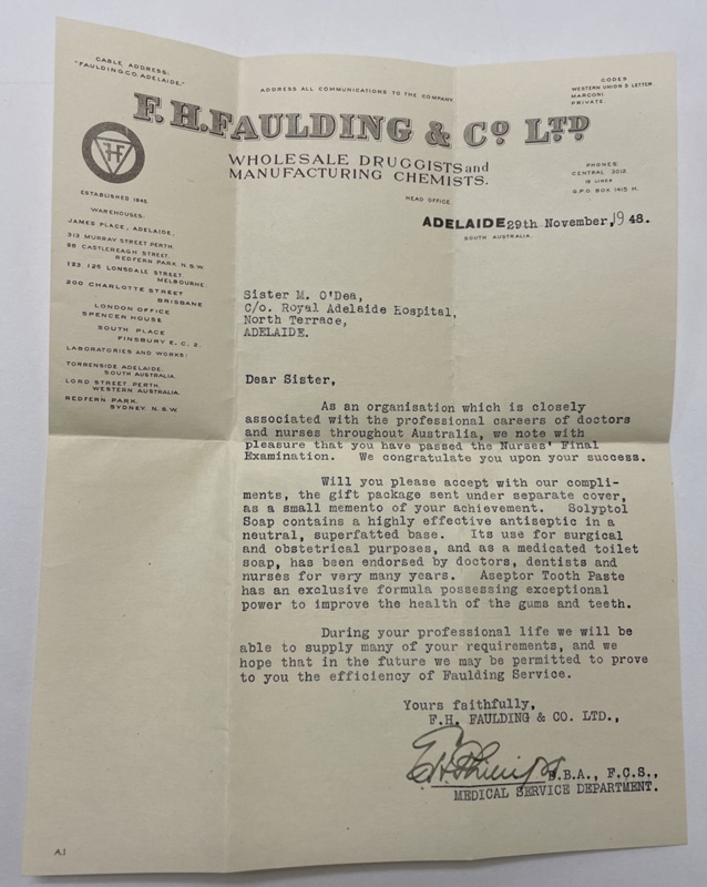 Document: Letter to Miss O’Dea from Faulding & Co.; 1948; AR#17232 | eHive