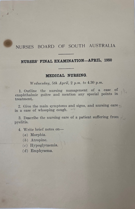 Document: Medical Nursing Examination paper; 1950; AR#16509 | eHive