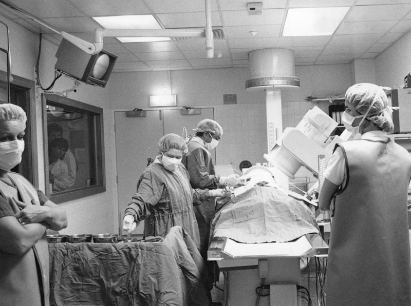 Interior: Black and White Photograph of Operating Room In Use. ; 1990s ...