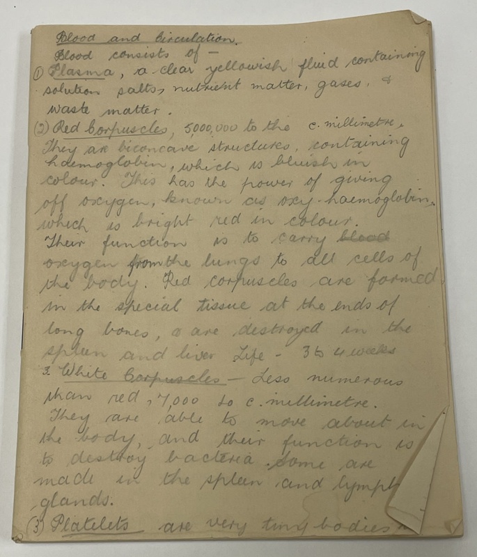 Document: Notebook with handwritten notes on Blood and Circulation ; Ca ...