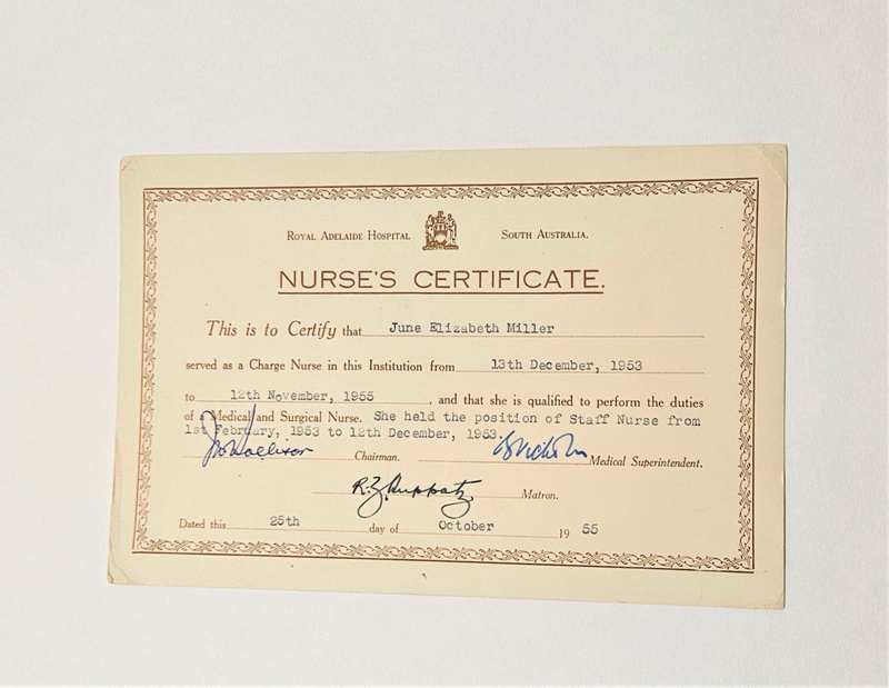 Document: Charge Nurse Certificate belonging to June Elizabeth Miller ...