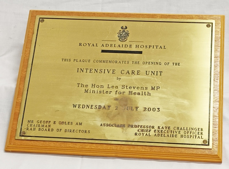 Plaque: Opening of the Intensive Care Unit; 2003; AR#11845 | eHive