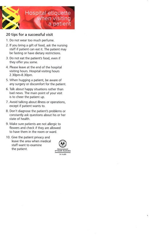 Brochure: Hospital Etiquette When Visiting a Patient; 2011; AR#3147 | eHive