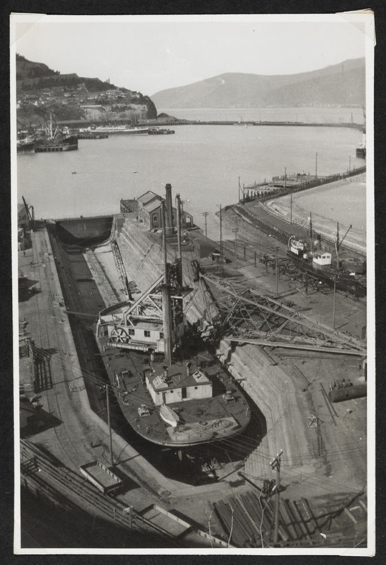 The crane ship 'Rapaki' in dry dock at Lyttelton Port.; Unknown; 1900 ...
